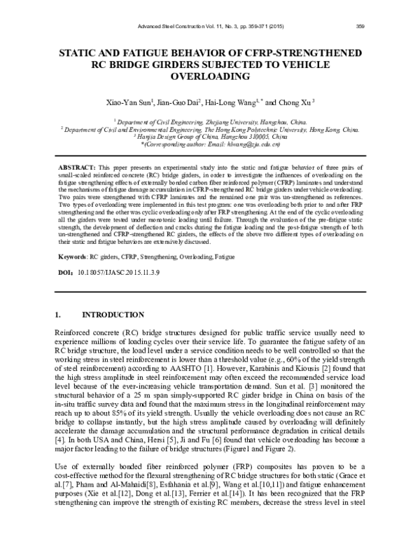 Pdf Static And Fatigue Behavior Of Cfrp Strengthened Rc Bridge Girders Subjected To Vehicle