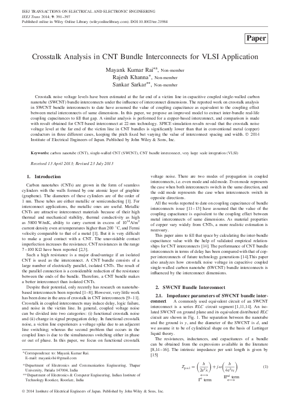 Pdf Crosstalk Analysis In Cnt Bundle Interconnects For Vlsi Application