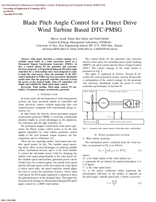 Pdf Blade Pitch Angle Control For A Direct Drive Wind Turbine Based Dtc Pmsg Fatma Salem