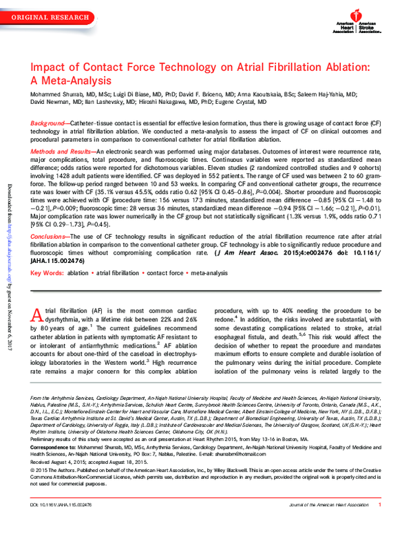 (PDF) Impact of Contact Force Technology on Atrial Fibrillation Ablation: A Meta-Analysis