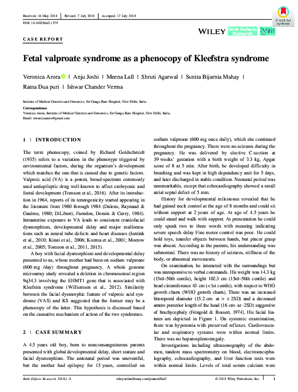 (PDF) Fetal valproate syndrome as a phenocopy of Kleefstra syndrome