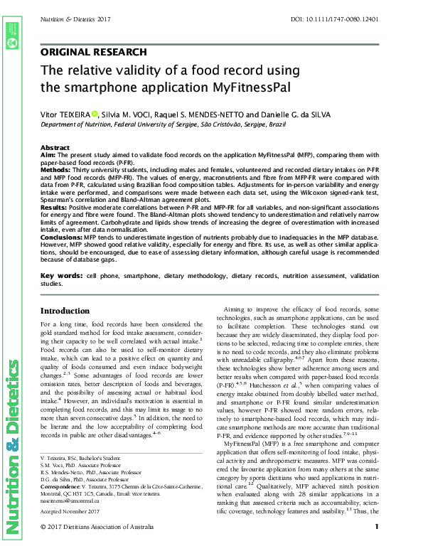 (PDF) The relative validity of a food record using the smartphone ...