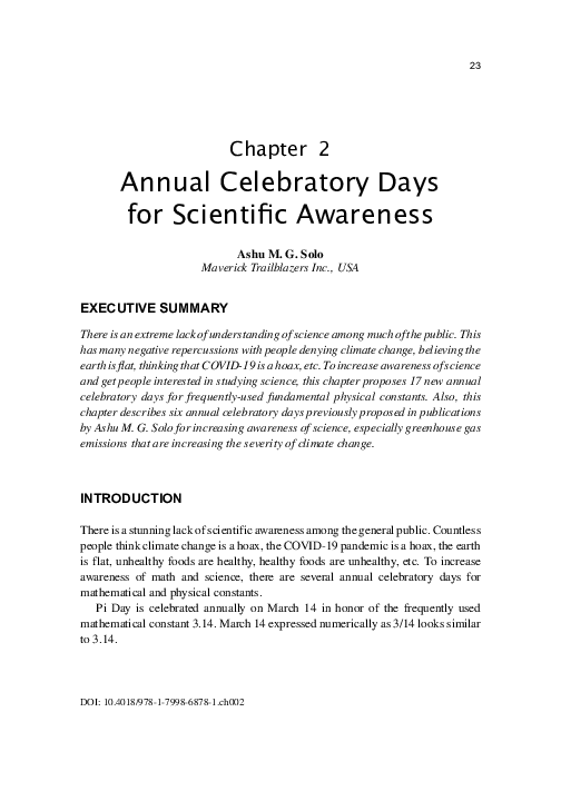 (PDF) Annual Celebratory Days for Scientific Awareness | Ashu M G Solo ...