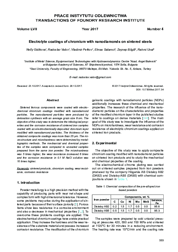 (PDF) Electrolyte coatings of chromium with nanodiamonds on sintered steels