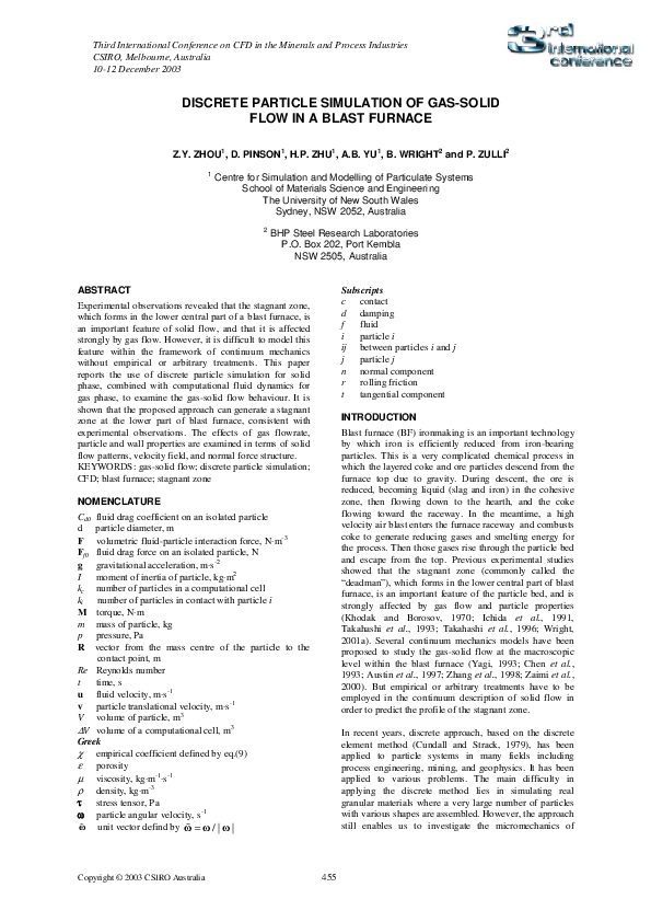 Pdf Discrete Particle Simulation Of Gas Solid Flow In A Blast Furnace
