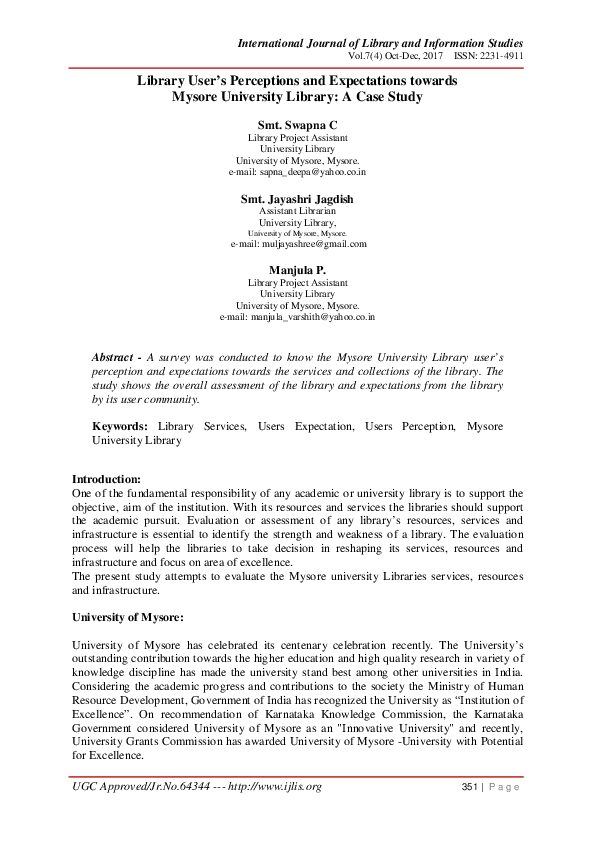 (PDF) Library User's Perceptions and Expectations towards Mysore ...