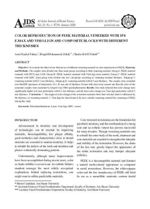 (PDF) PEEK Color Reproduction with Various Veneers