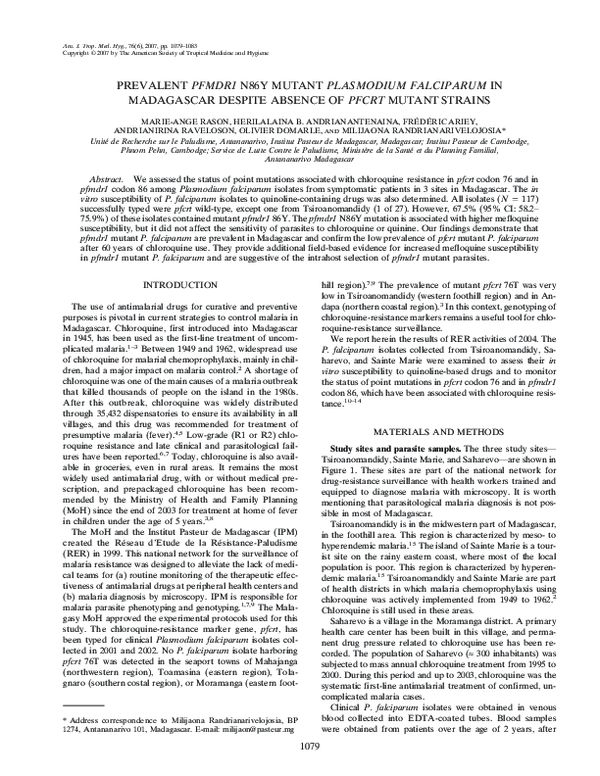(PDF) Prevalent PFMDR1 N86Y Mutant Plasmodium Falciparum in Madagascar ...
