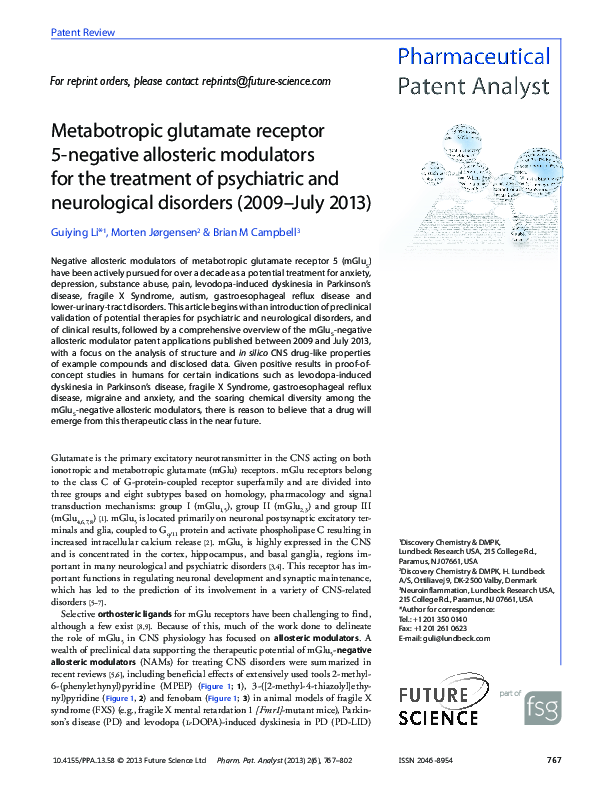 (PDF) mGluR5 Negative Allosteric Modulators: Preclinical Insights