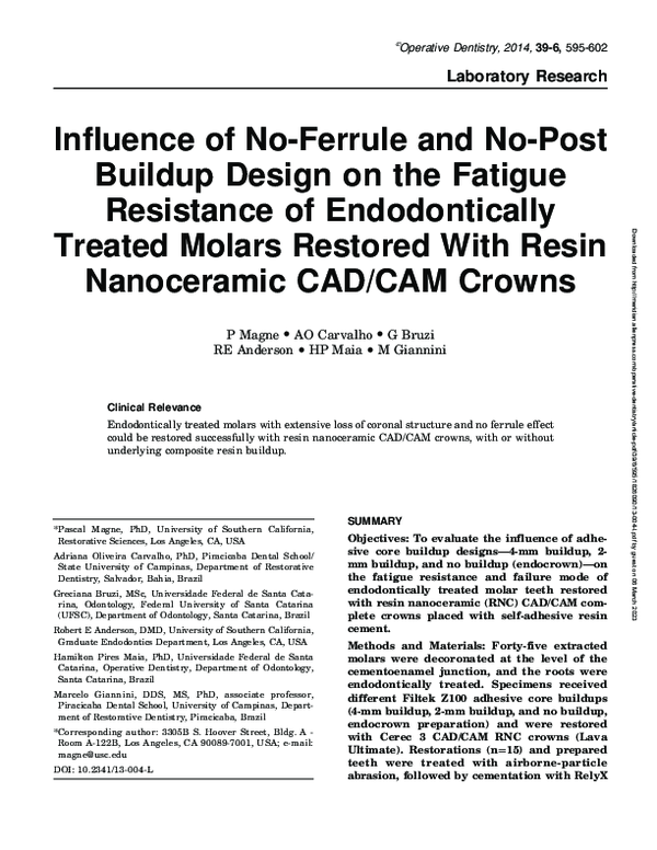 (PDF) Influence of no-ferrule and no-post buildup design on the fatigue ...