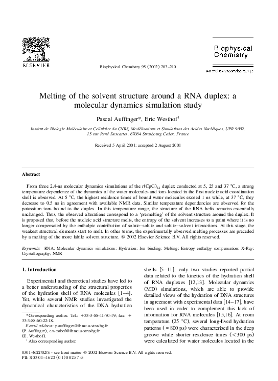 Pdf Melting Of The Solvent Structure Around A Rna Duplex A Molecular Dynamics Simulation