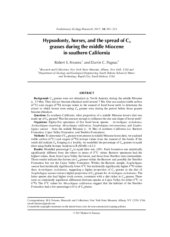 (PDF) Hypsodonty, horses, and the spread of C 4 grasses during the ...
