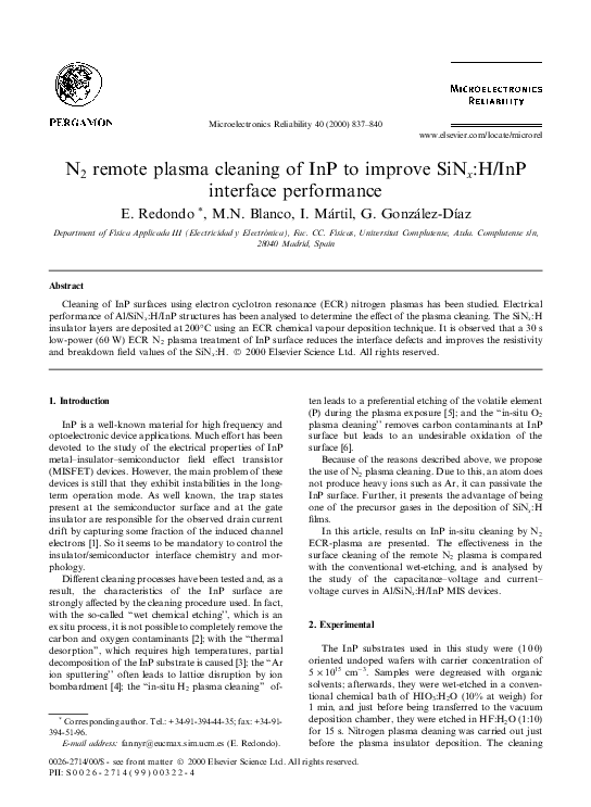 (PDF) N2 remote plasma cleaning of InP to improve SiNx:H/InP interface ...