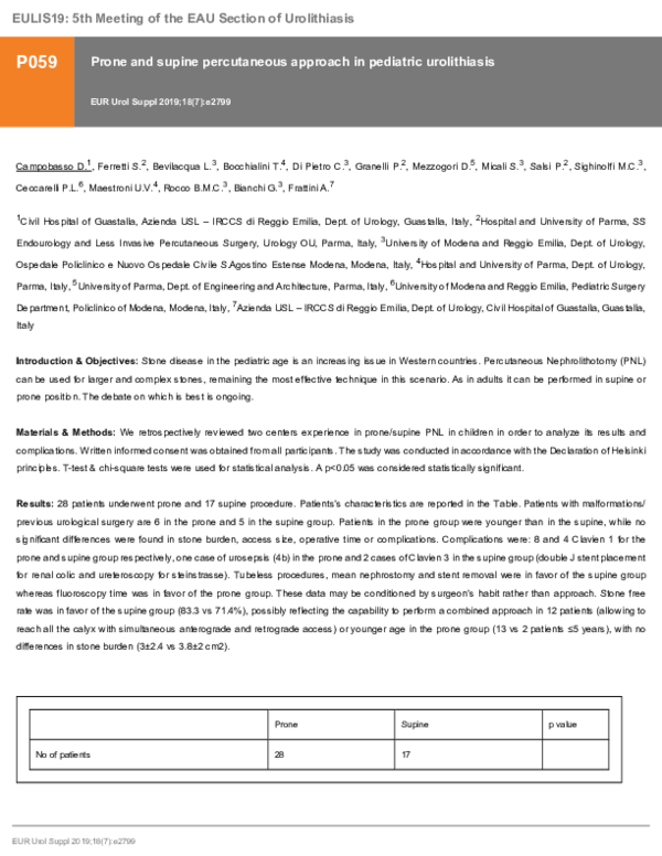 (PDF) Prone and supine percutaneous approach in pediatric urolithiasis