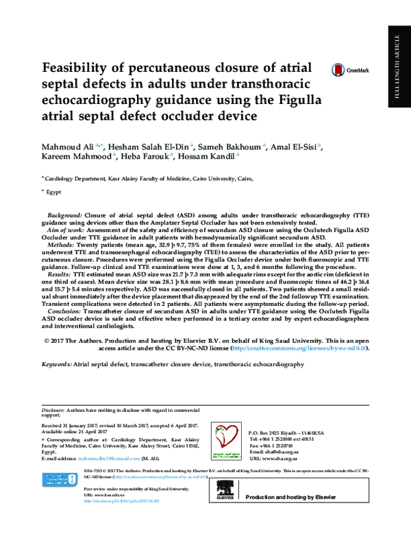Pdf Feasibility Of Percutaneous Closure Of Atrial Septal Defects In