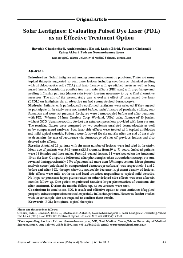 (PDF) Solar Lentigines: Evaluating Pulsed Dye Laser (PDL) as an ...