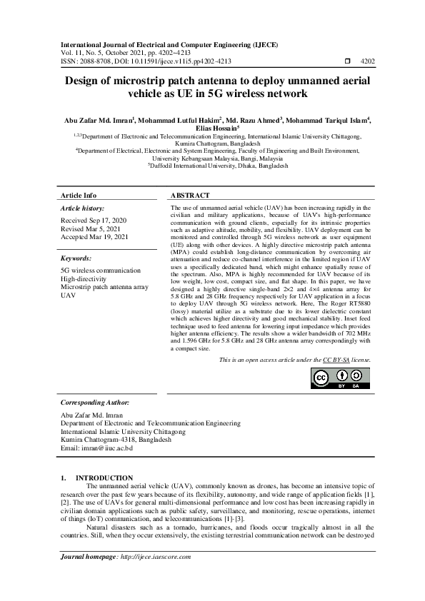 (PDF) Design of microstrip patch antenna to deploy unmanned aerial vehicle as UE in 5G wireless ...