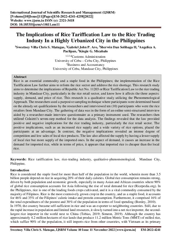 (PDF) The Implications of Rice Tariffication Law to the Rice Trading Industy In a Highly ...