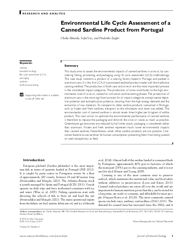(PDF) Environmental Life Cycle Assessment of a Canned Sardine Product from Portugal | Sofia Vaz ...