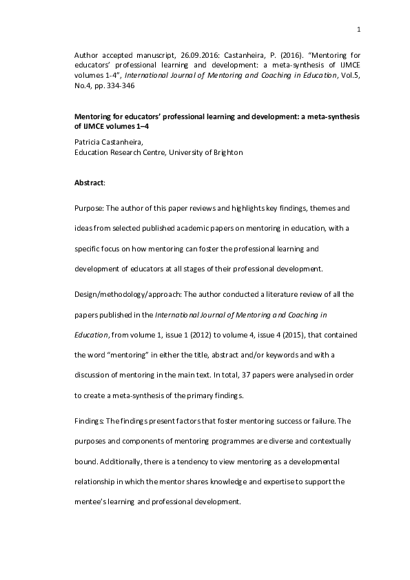 (PDF) Mentoring for educators’ professional learning and development
