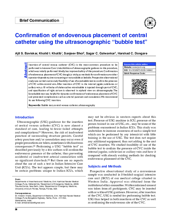 (PDF) Confirmation of endovenous placement of central catheter using ...