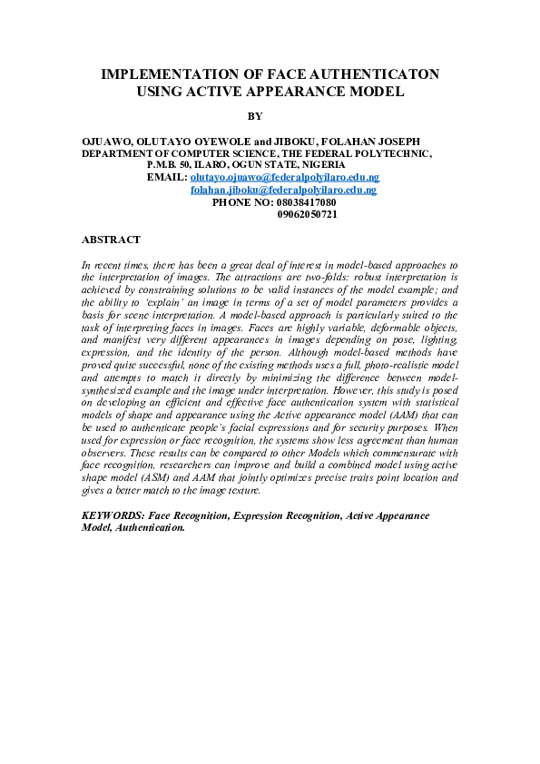 (DOC) IMPLEMENTATION OF FACE AUTHENTICATON USING ACTIVE APPEARANCE MODEL