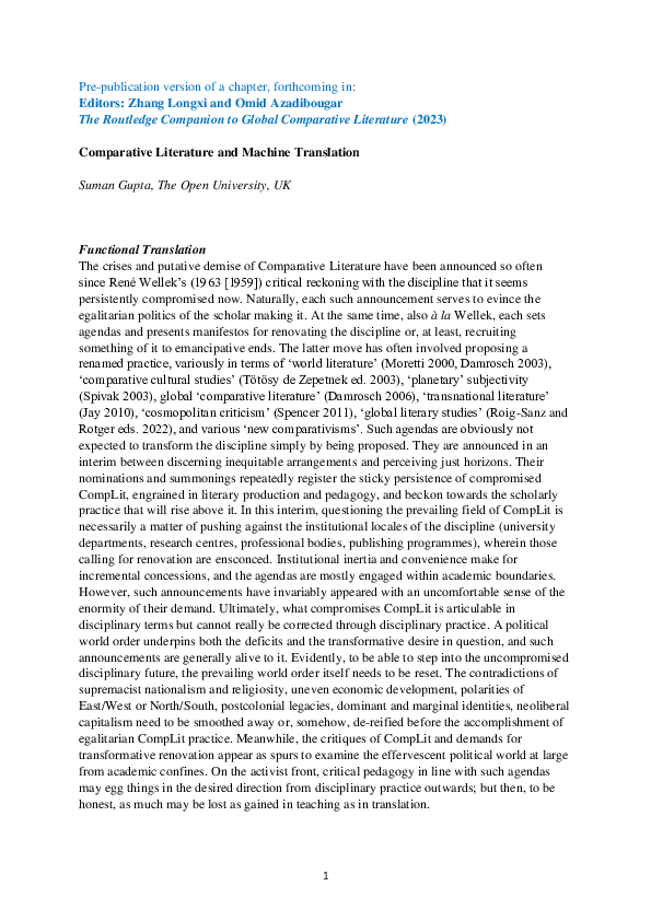 (PDF) Comparative Literature and Machine Translation (pre-publication ...