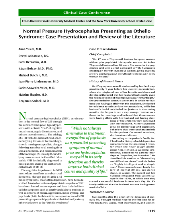 (PDF) Normal Pressure Hydrocephalus Presenting as Othello Syndrome: Case Presentation and Review ...