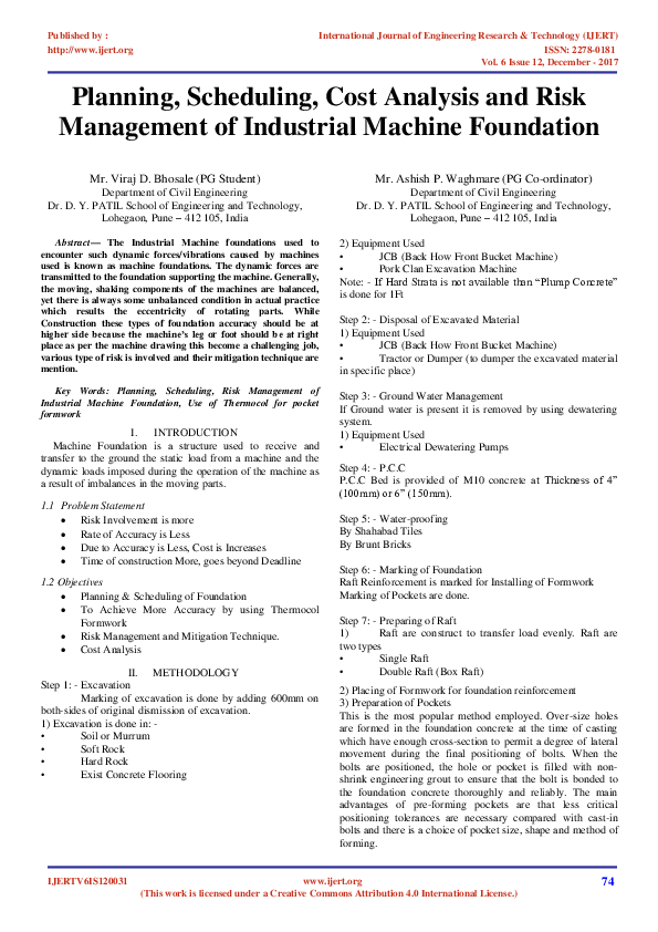 (PDF) Planning, Scheduling, Cost Analysis and Risk Management of Industrial Machine Foundation