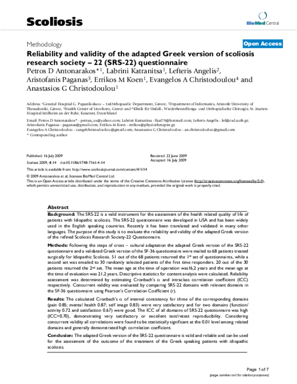(PDF) Reliability and validity of the adapted Greek version of scoliosis research society – 22 ...