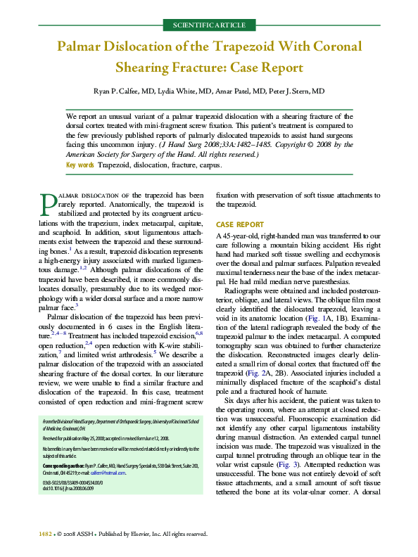 (PDF) Palmar Dislocation of the Trapezoid With Coronal Shearing ...