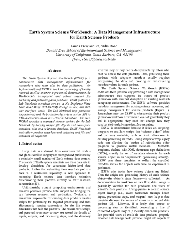 (PDF) Earth System Science Workbench: a data management infrastructure for earth science products