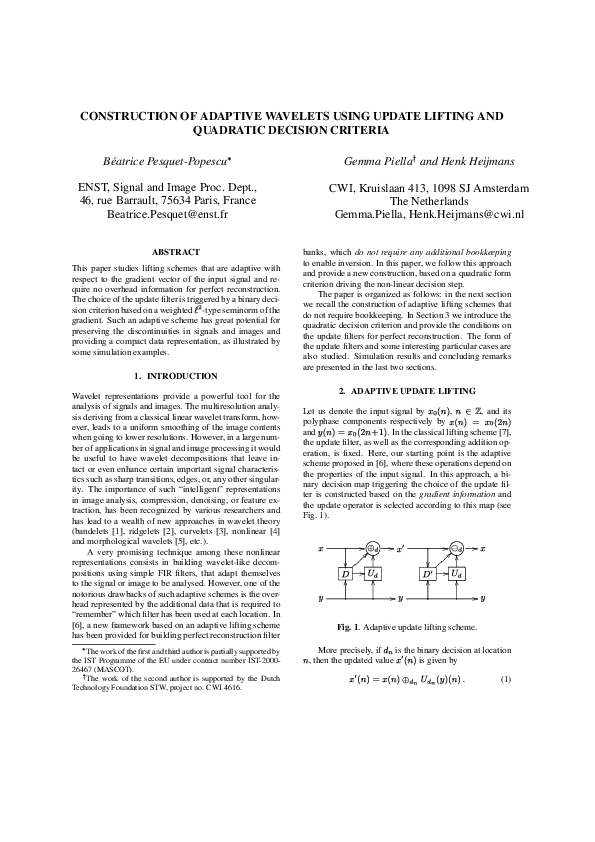 (PDF) Construction of adaptive wavelets using update lifting and quadratic decision criteria
