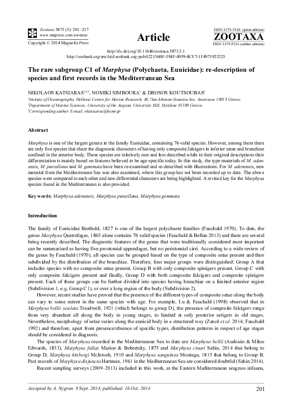 (PDF) The rare subgroup C1 of Marphysa (Polychaeta, Eunicidae): re ...