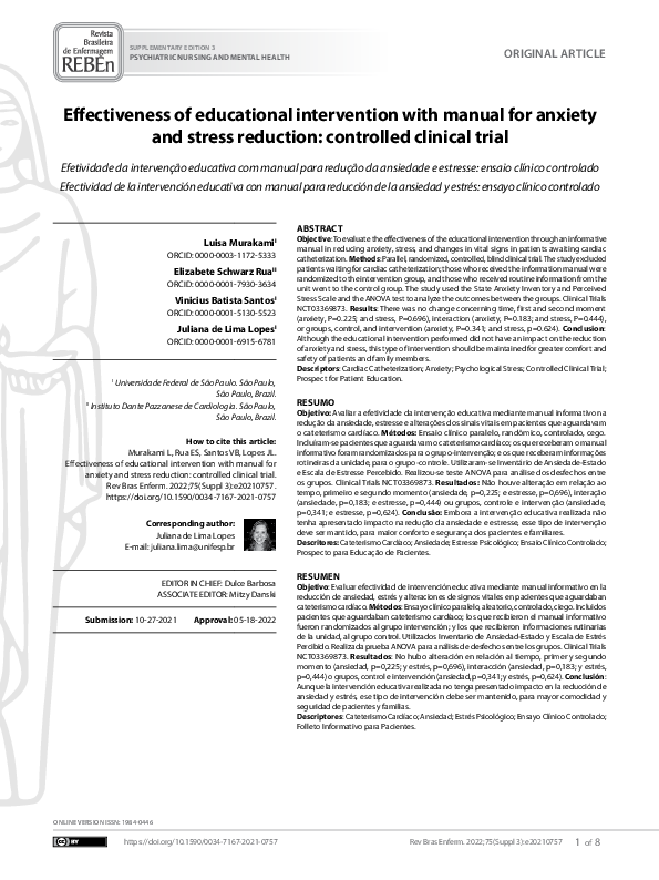 (PDF) Effectiveness of educational intervention with manual for anxiety ...