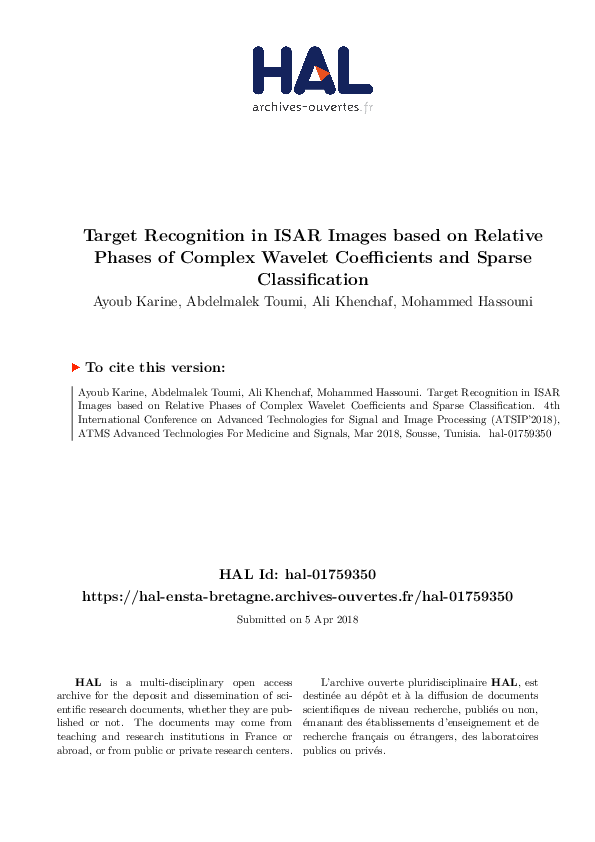(PDF) Target recognition in ISAR images based on relative phases of complex wavelet coefficients ...