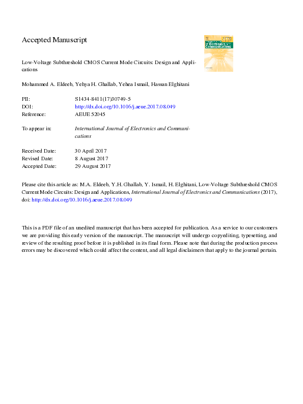 Pdf Low Voltage Subthreshold Cmos Current Mode Circuits Design And Applications
