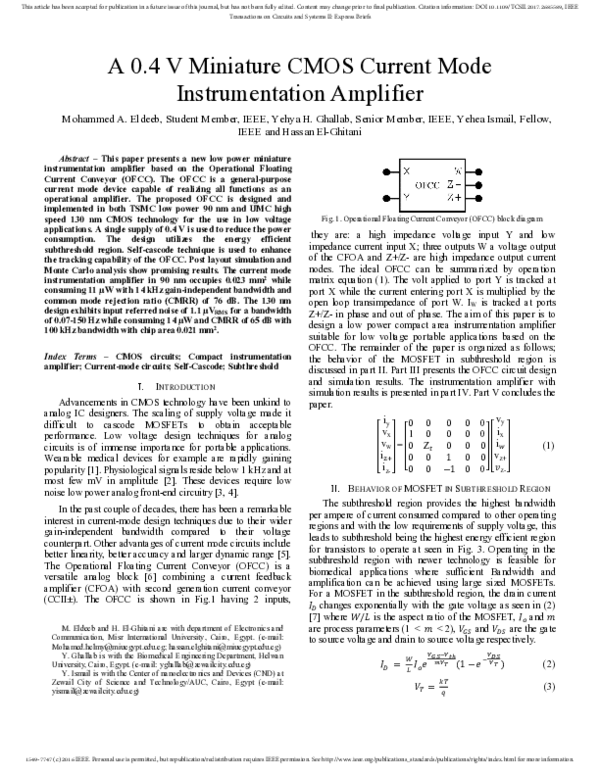 (PDF) A 0.4V Miniature CMOS Current Mode Instrumentation Amplifier