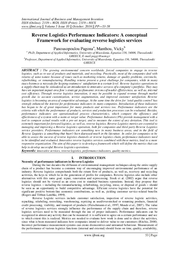 (PDF) Reverse Logistics Performance Indicators : A conceptual Framework for evaluating reverse ...