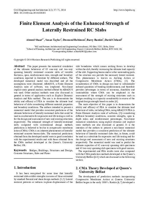 (PDF) Finite Element Analysis of the Enhanced Strength of Laterally Restrained RC Slabs