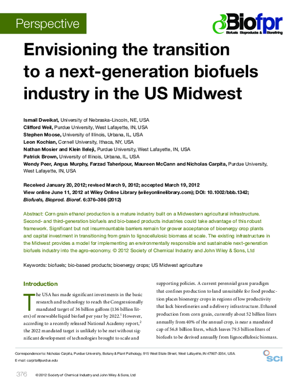 (PDF) Envisioning the transition to a next-generation biofuels industry in the US Midwest