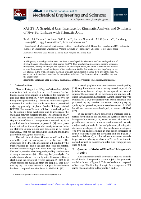 (PDF) KASITS: A Graphical User Interface for Kinematic Analysis and Synthesis of Five-Bar ...