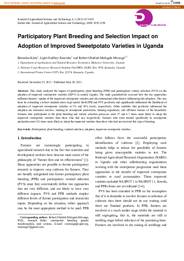 (PDF) Participatory Plant Breeding and Selection Impact on Adoption of ...