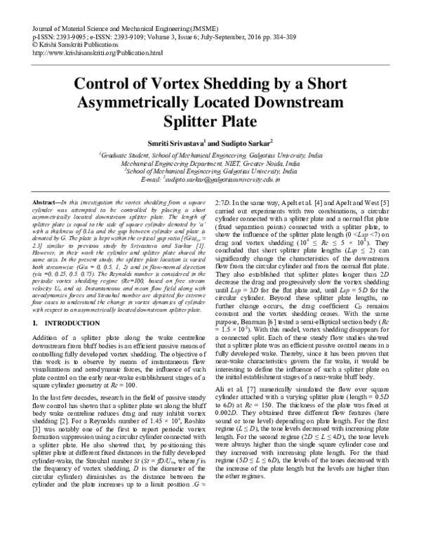 (PDF) Control of Vortex Shedding by a Short Asymmetrically Located ...