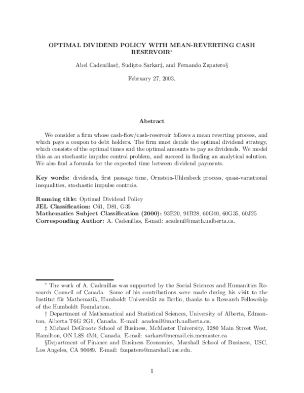 (PDF) Optimal Dividend Policy with Mean-Reverting Cash Reservoir