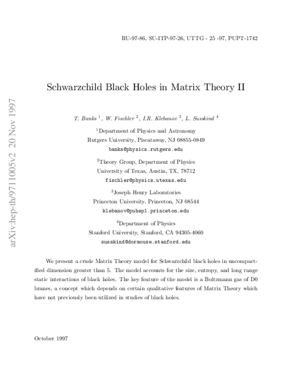 (PDF) Schwarzschild black holes in Matrix theory II | Thomas Banks ...