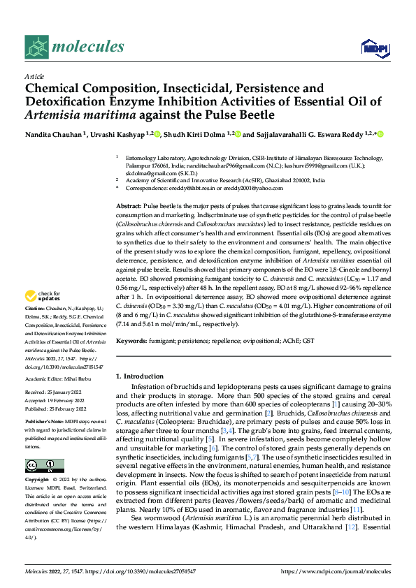 (PDF) Chemical Composition, Insecticidal, Persistence and Detoxification Enzyme Inhibition ...
