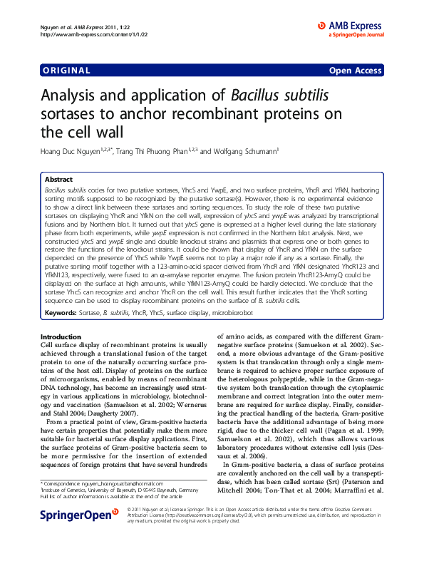 (PDF) Analysis and application of Bacillus subtilis sortases to anchor recombinant proteins on ...