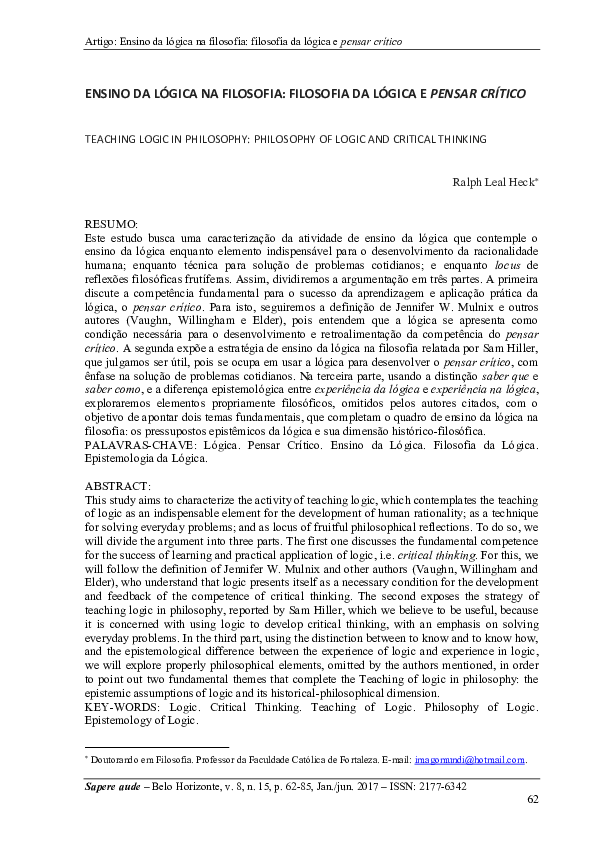 (PDF) Ensino Da Lógica Na Filosofia: Filosofia Da Lógica e Pensar Crítico