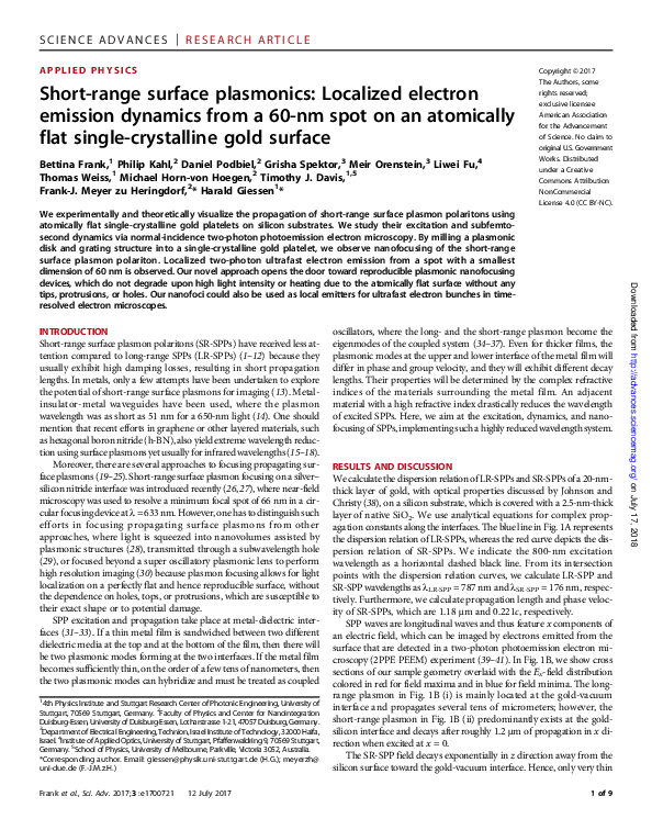 (PDF) Short-range surface plasmonics: Localized electron emission dynamics from a 60-nm spot on ...